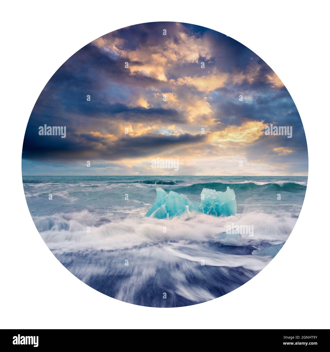 Round icon of nature with landscape. Blocks of ice washed by the waves ...