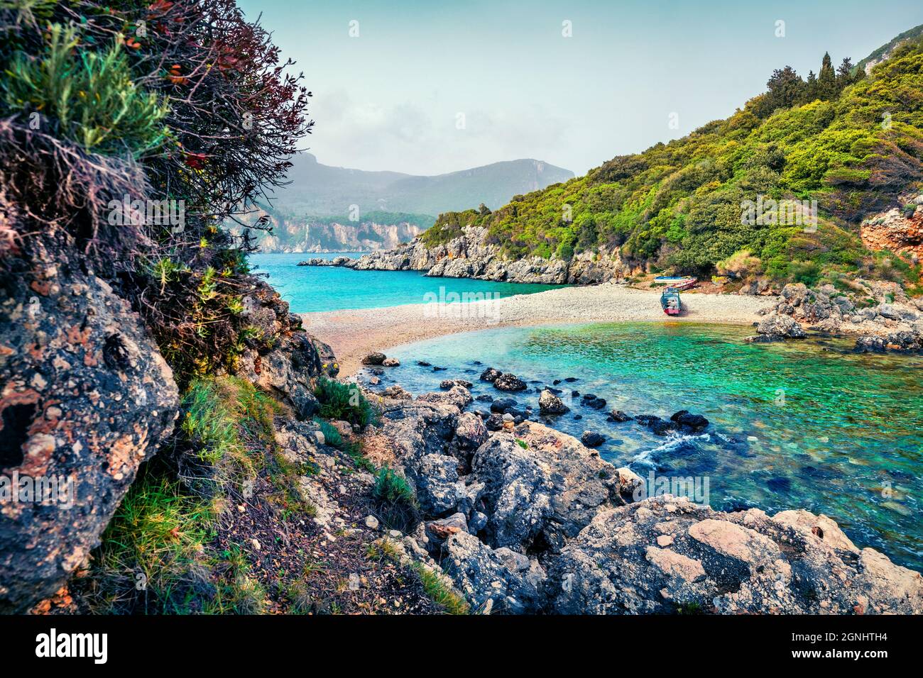 Splendid summer view of Limni Beach Glyko. Fabulous morning seascape of ...