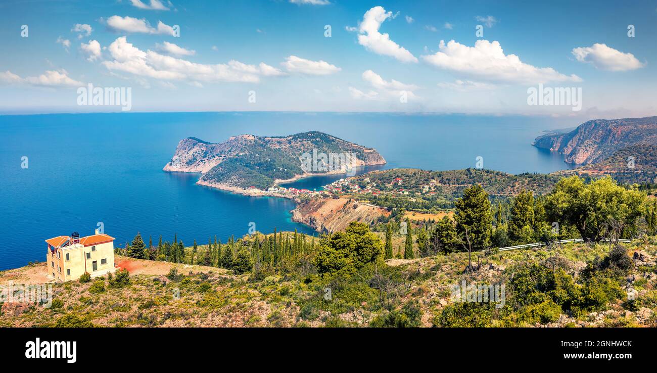 Aerial morning cityscape of Asos village on the west coast of ...