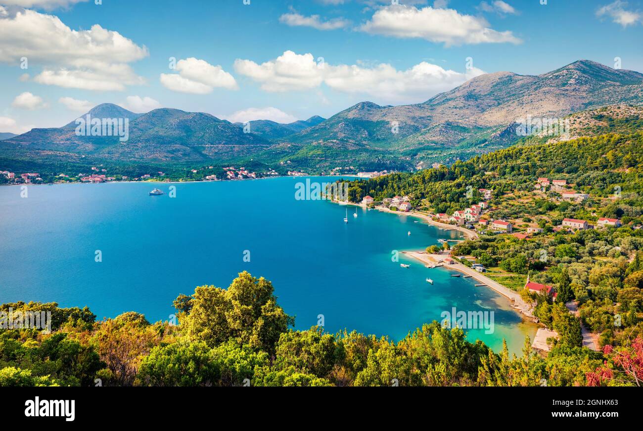 Aerial view of Slano town on the west seashore of Croatia, Europe ...