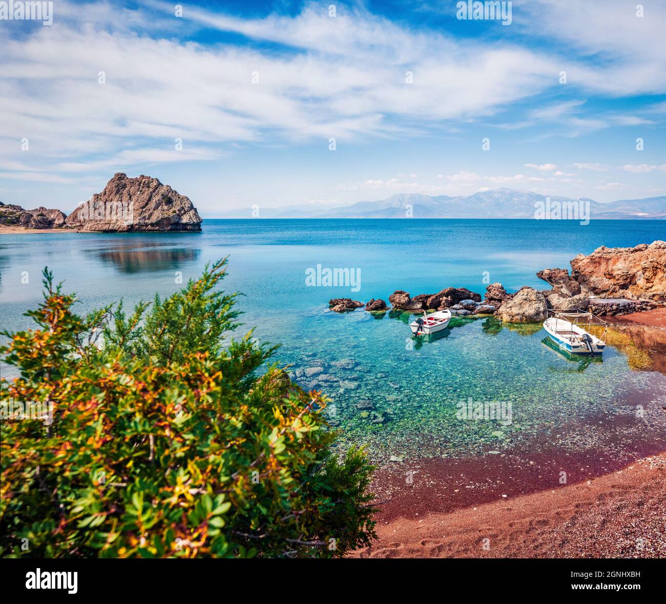 Calm spring seascape of Ionian sea. Attractive morning view of small ...