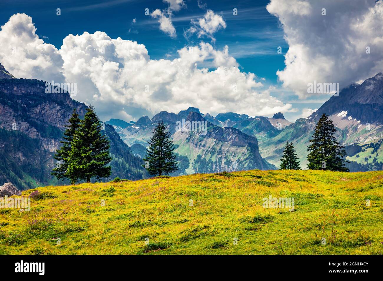 Dramatic summer view of mountain valley from the Oeschinen Lake ...