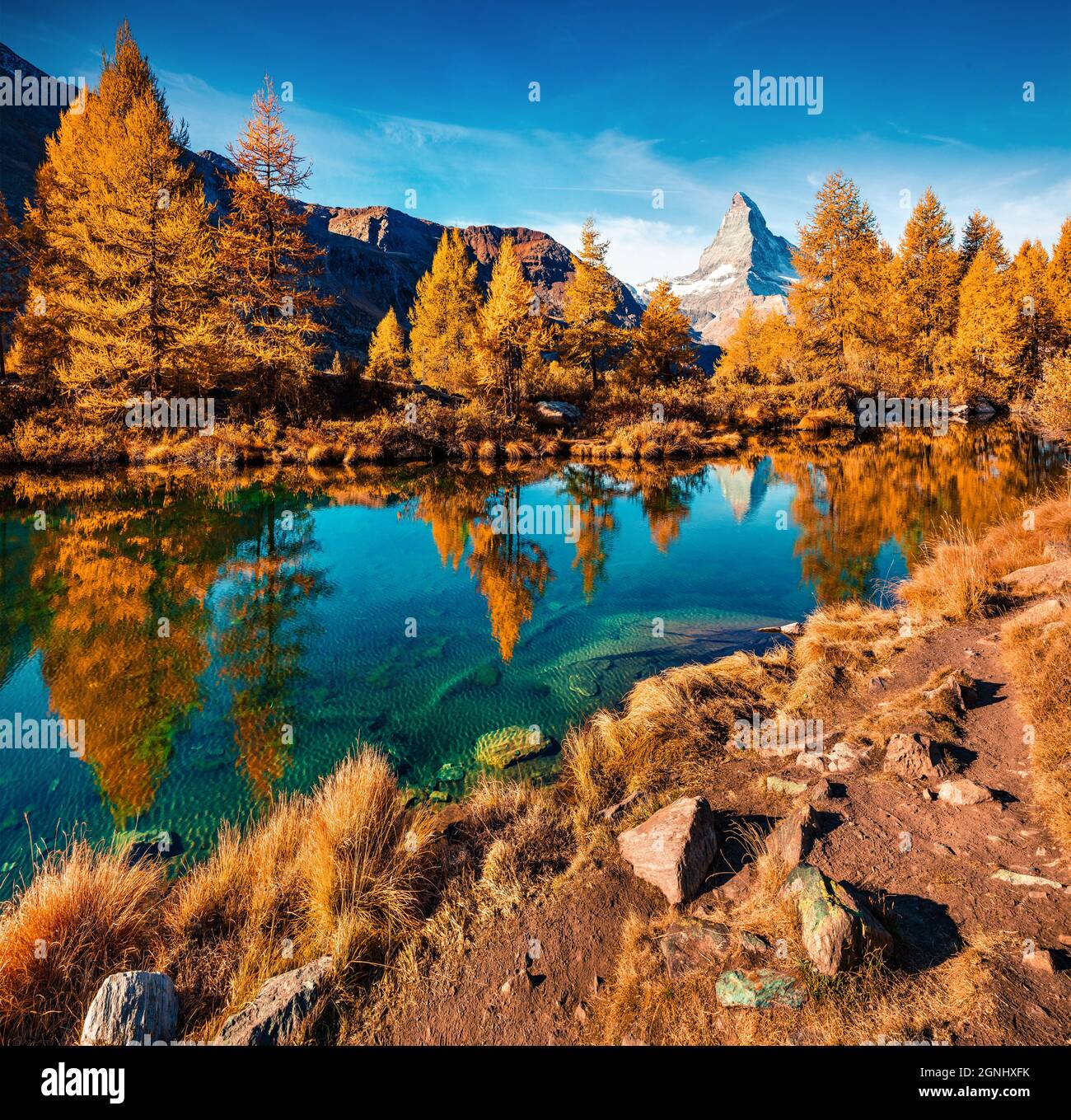 Nice outdoor scene with Matterhorn / Cervino peak. Calm morning view of ...