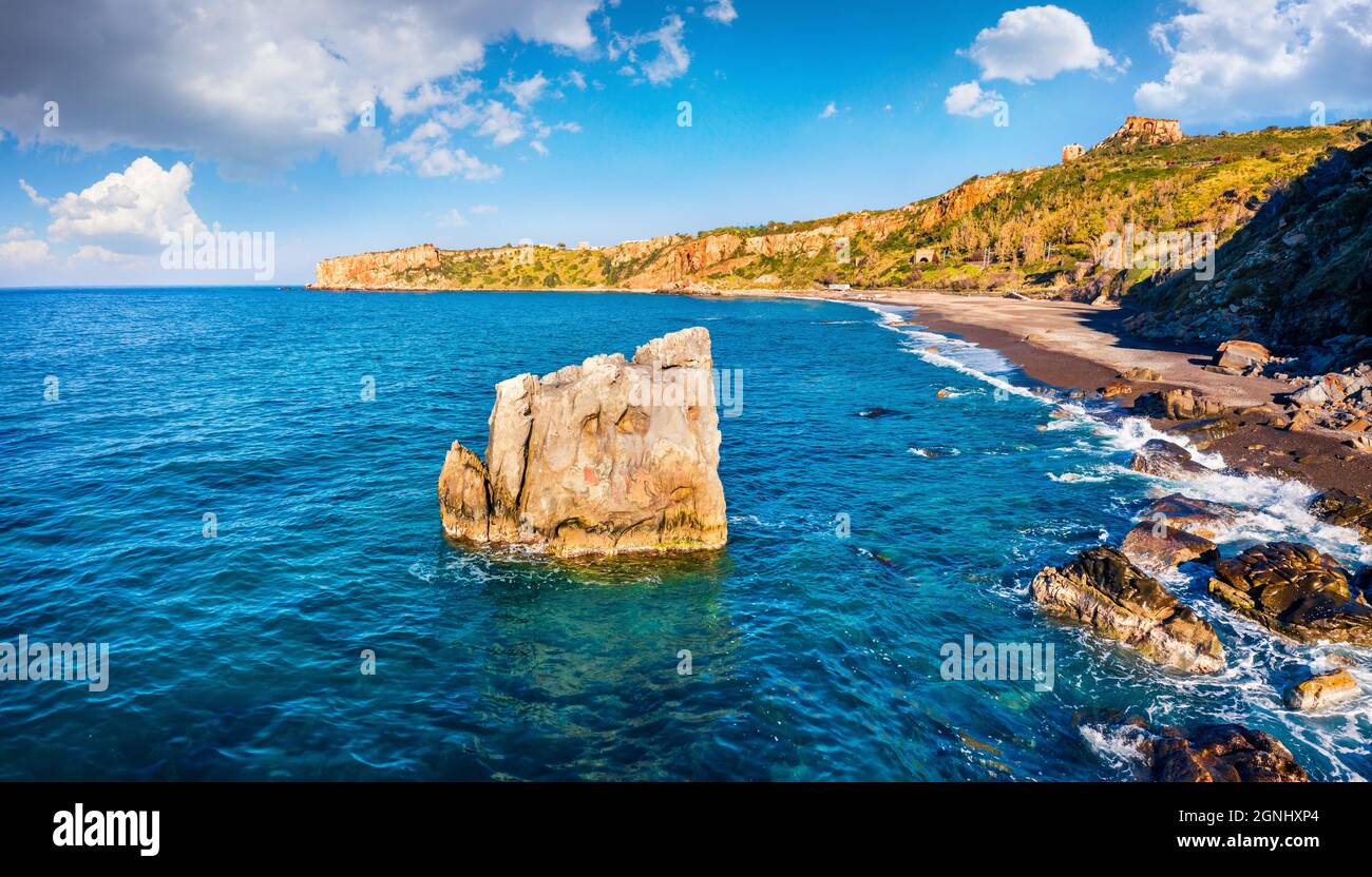 View from flying drone. Awesome spring view of Torre Conca beach ...