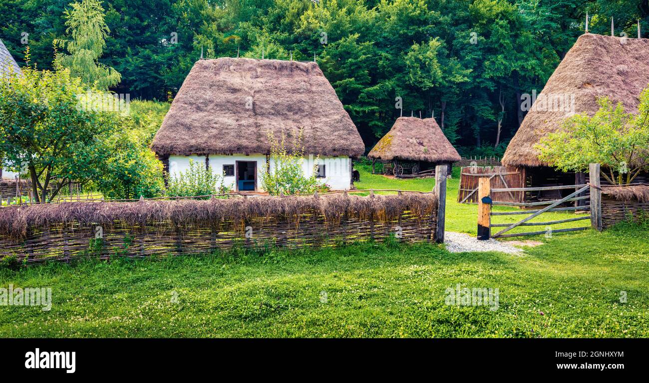 Green summer view of traditional romanian peasant houses. Wonderful ...