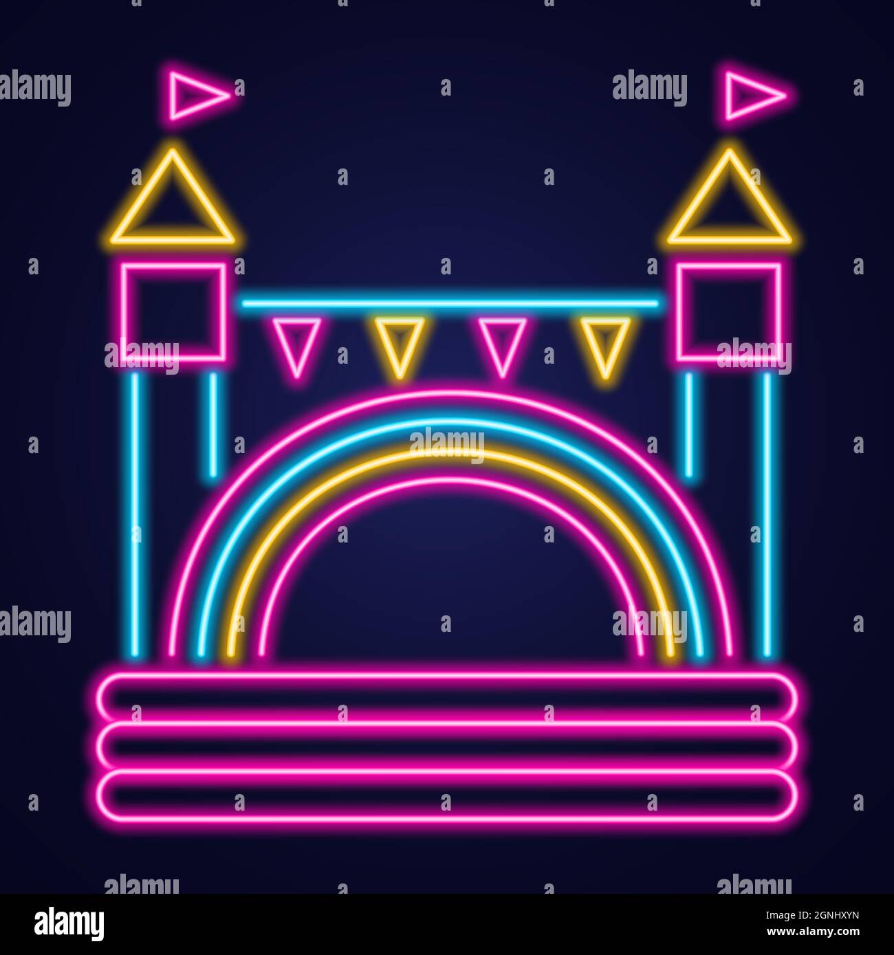 Bouncy castle neon icon. Jumping house on kids playground. Vector ...