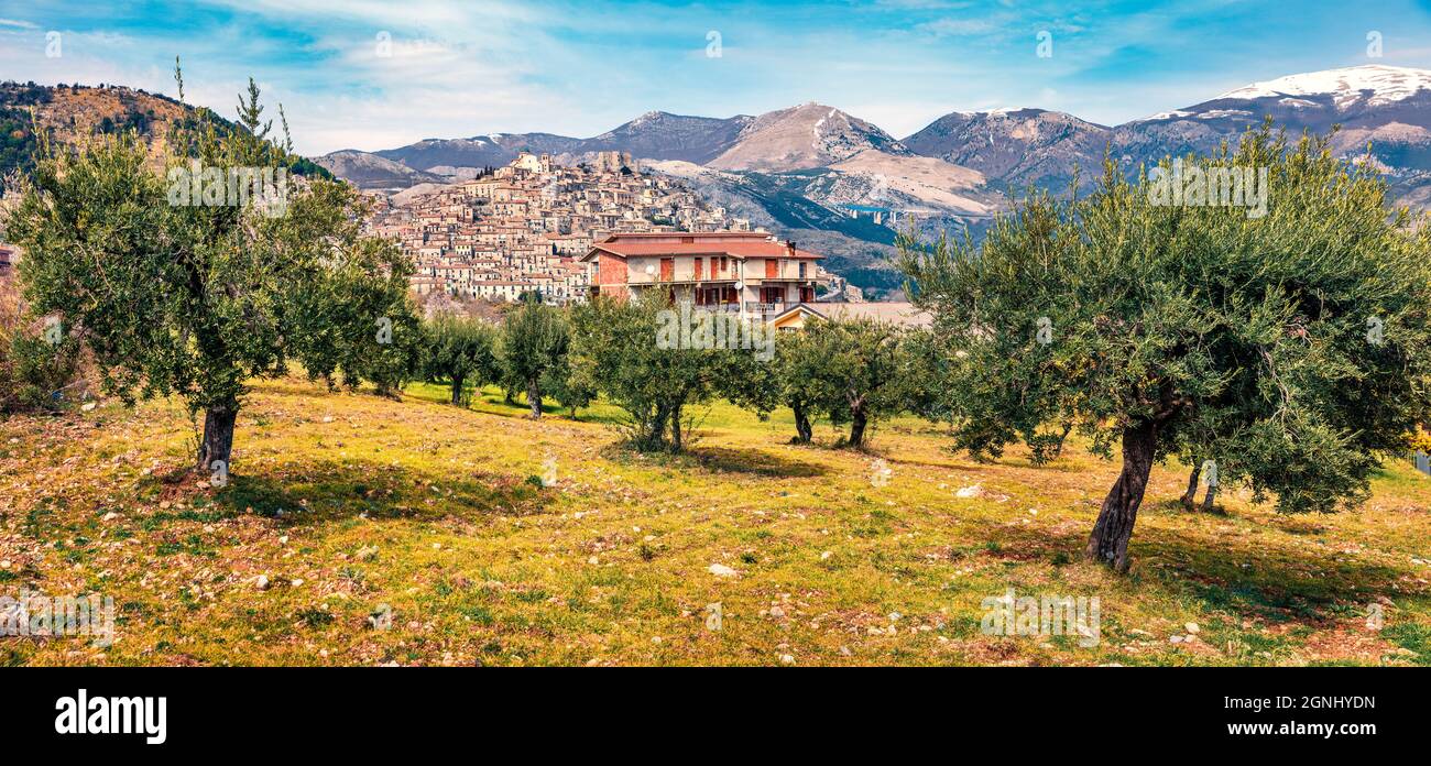 Sunny spring cityscape of Morano Calabro town. Splendid morning scene ...