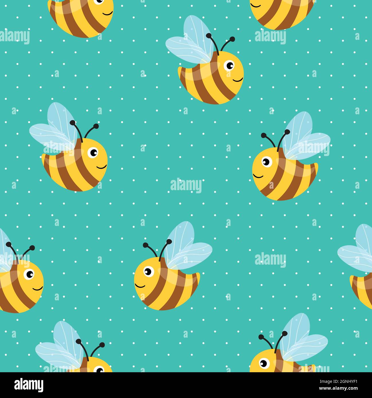 Seamless pattern with bees on color polka dots background. Small wasp ...