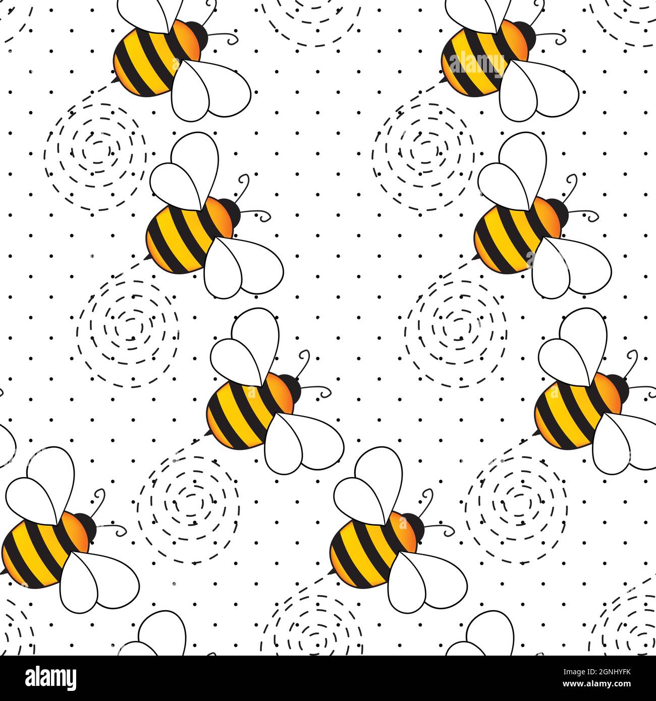 Seamless pattern with bees on white polka dots background. Small wasp ...