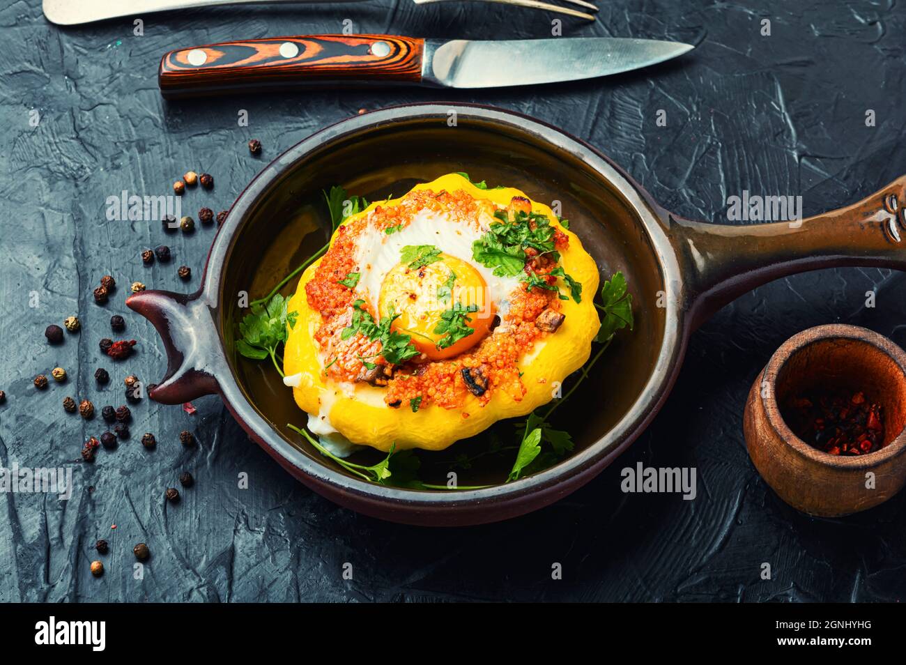 Squash stuffed with couscous and mushrooms. Baked patisson with ...