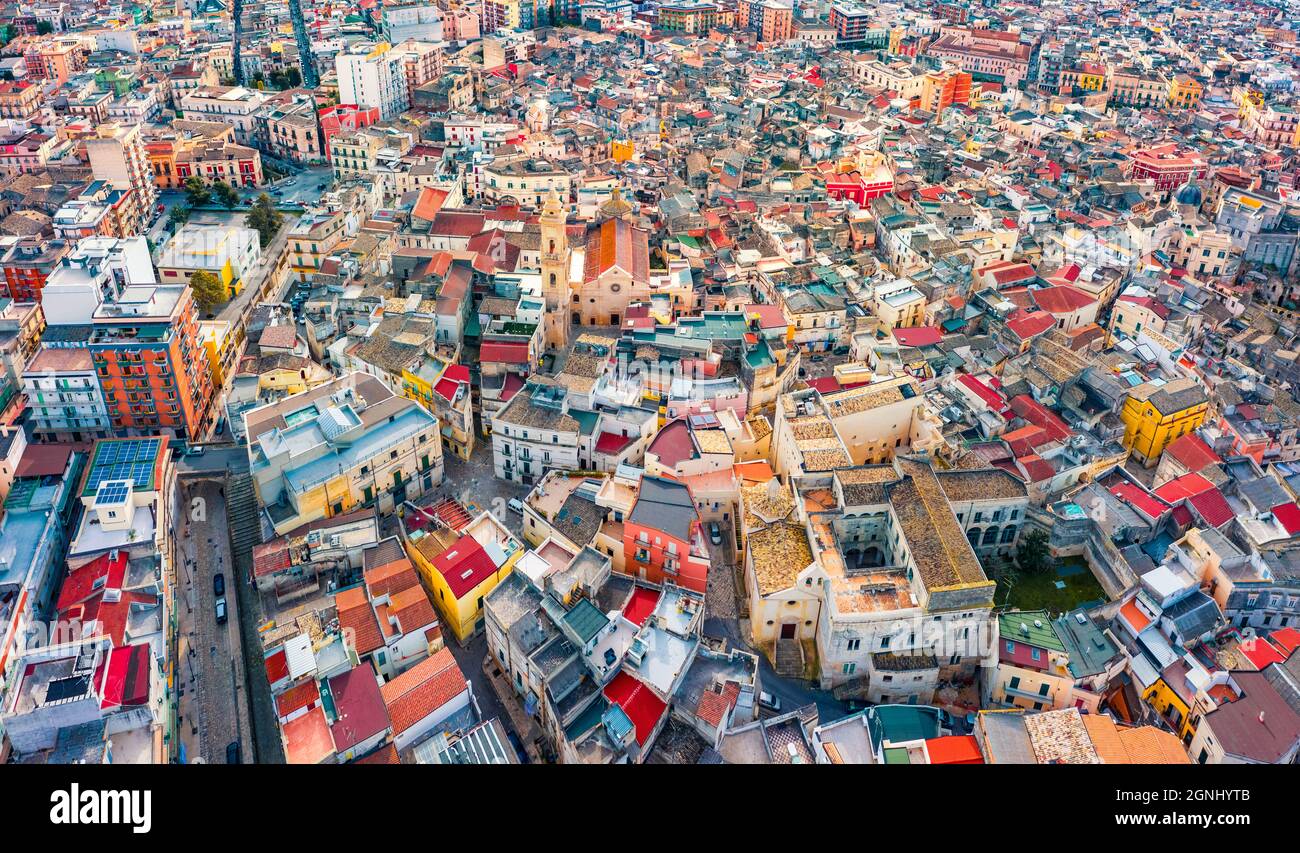 View from flying drone. Aerial morning cityscape of Gravina in Puglia ...