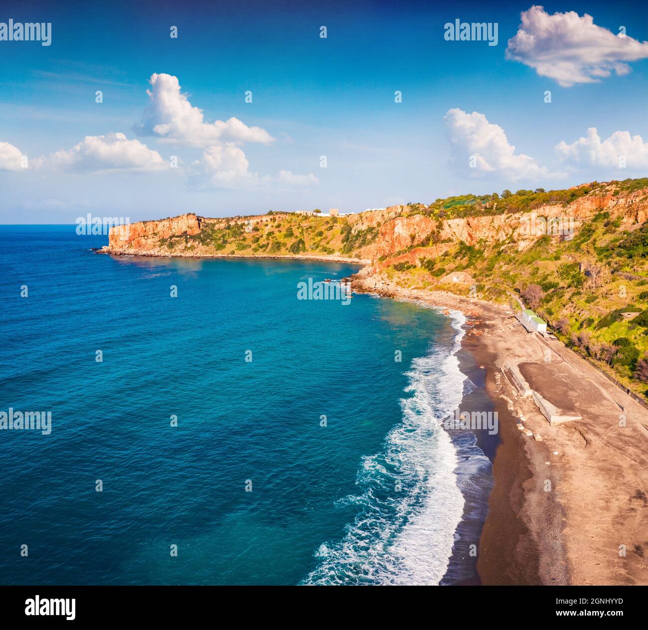 View from flying drone. Amazing spring view of Torre Conca beach ...