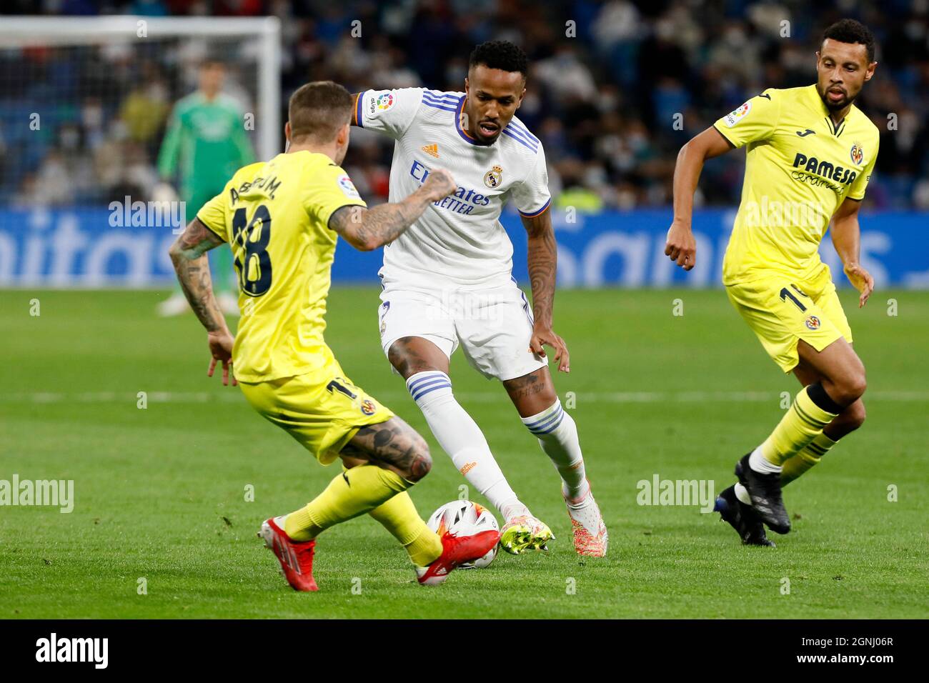 Eder Militao of Real Madrid in action with Alberto Moreno of Villarreal ...