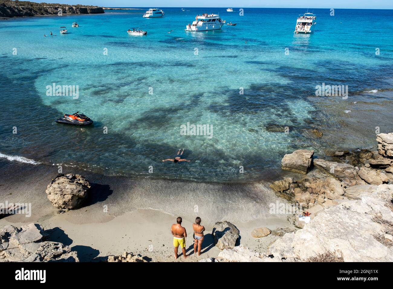 Leisure boats and tourists at the Blue Lagoon on the north coast of the ...