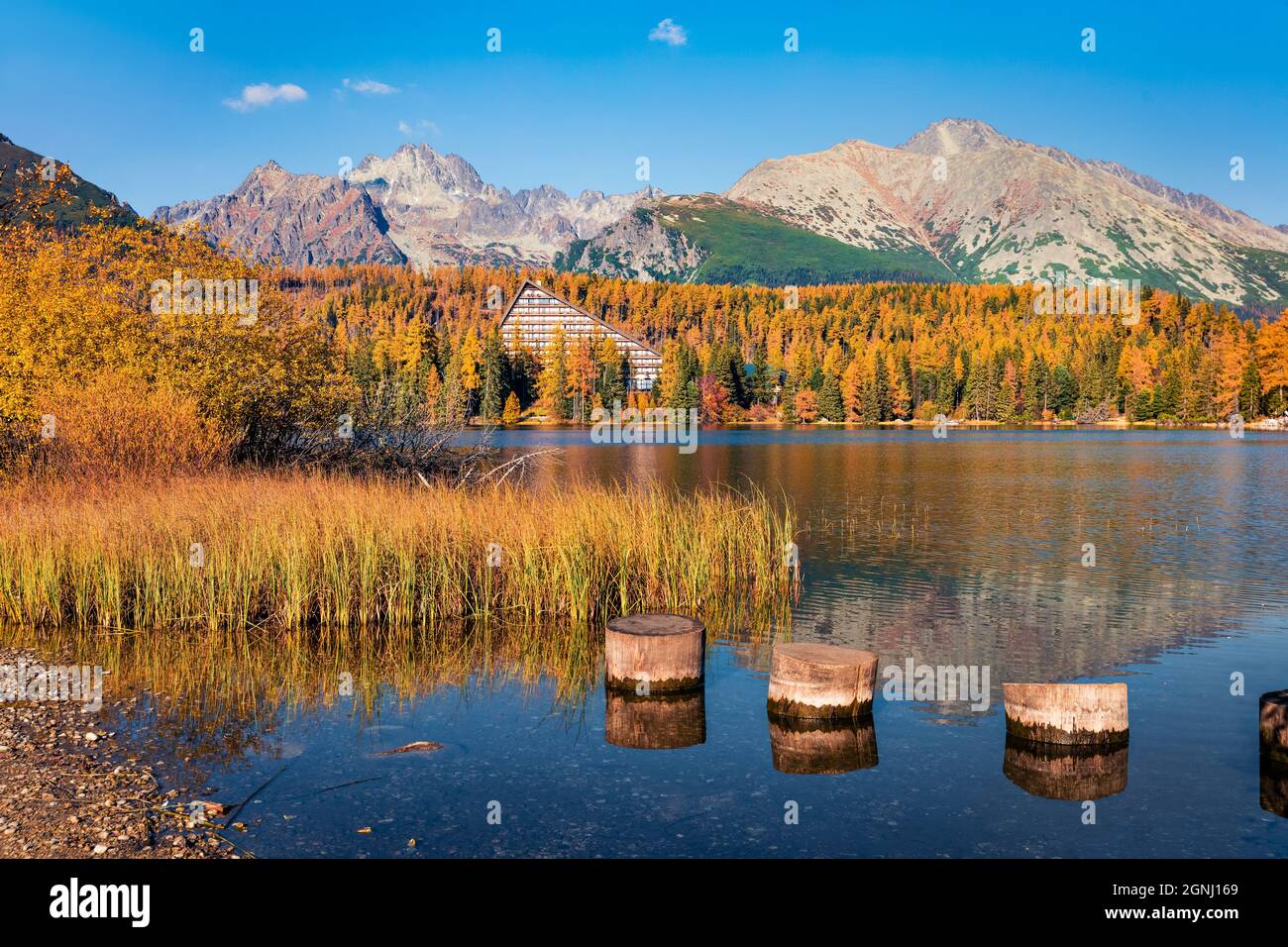 Calm autumn view of Strbske pleso lake. Marvelous morning scene of High ...