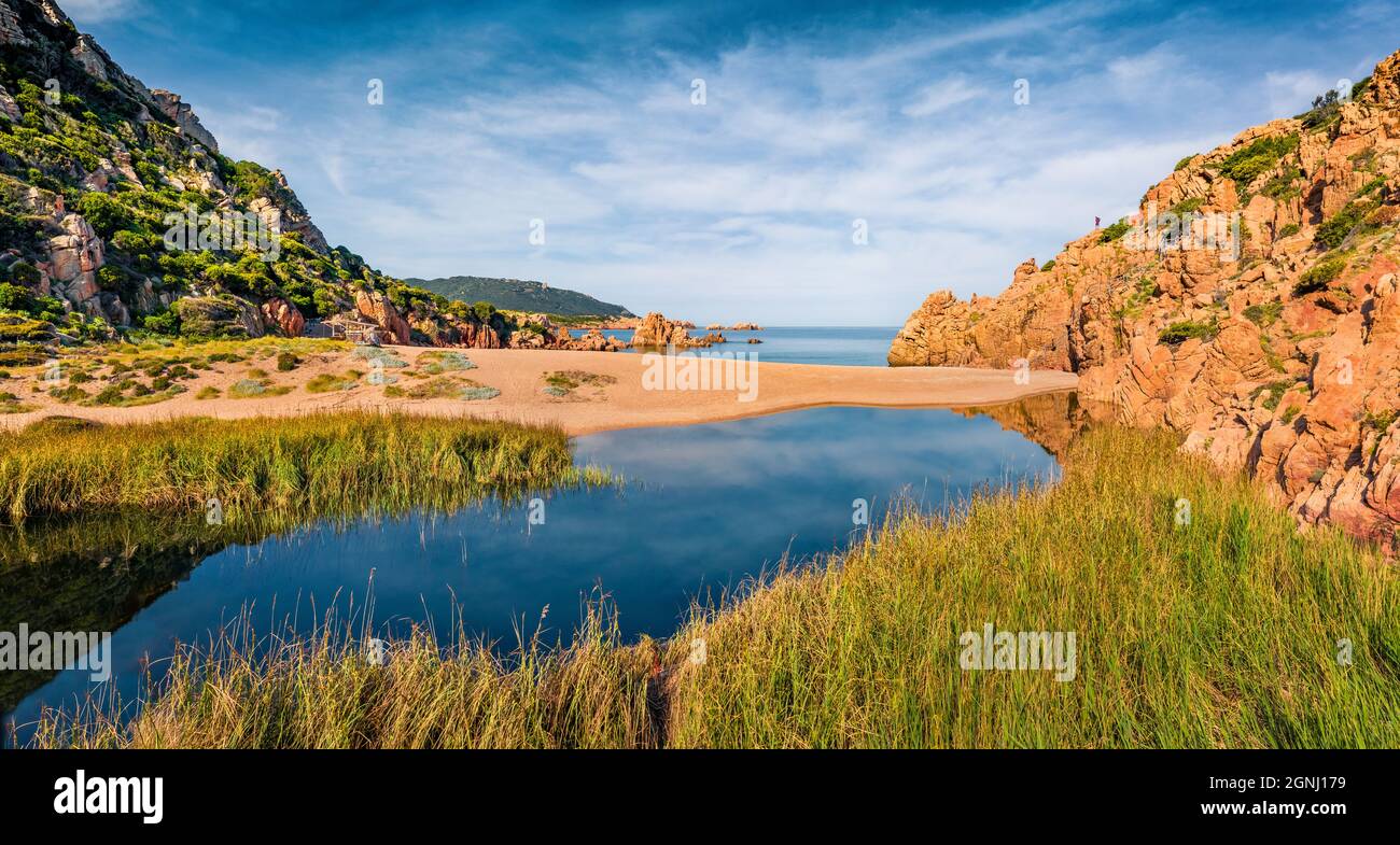 Colorful morning view of Li Cossi beach. Astonishing spring scene of ...