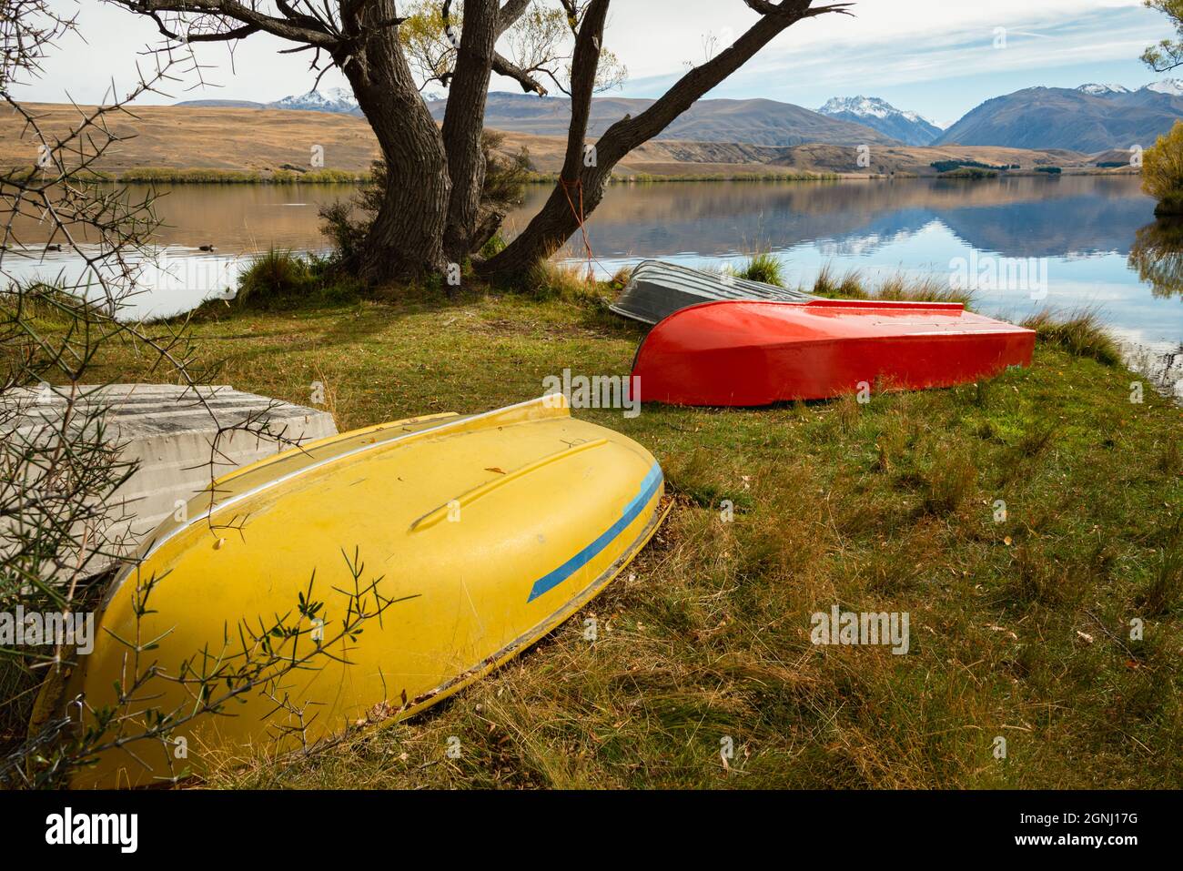 Colorful rowing boats on the foreshore of Lake Alexandrina in autumn ...