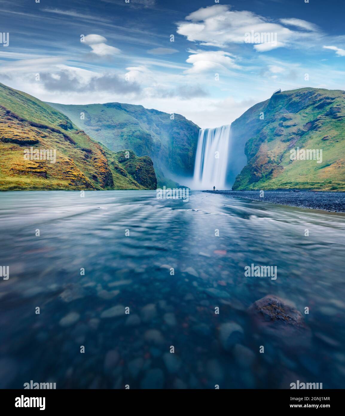 Gorgeous evening view of Skogafoss Waterfall. Beautiful summer ...