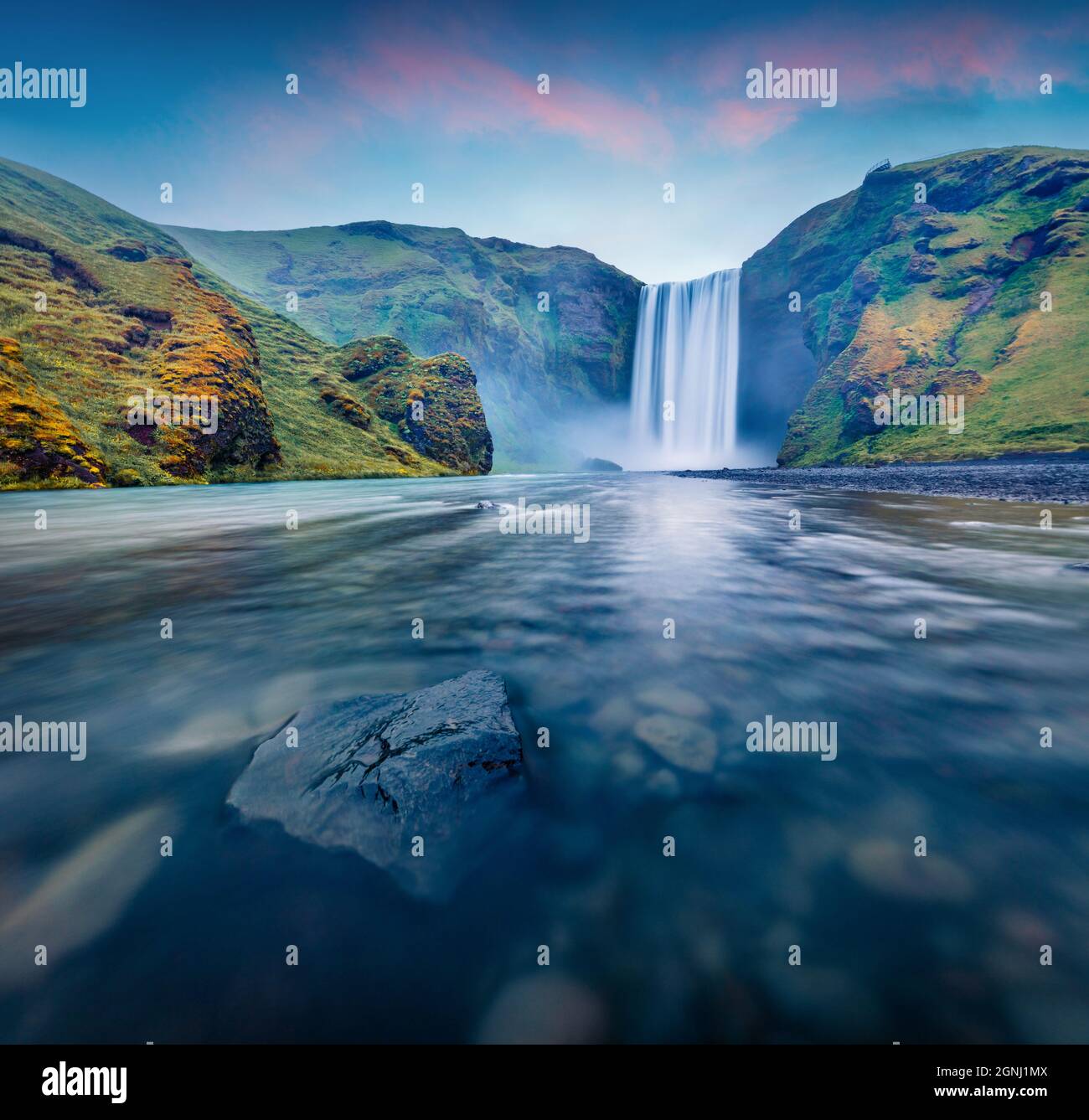 Breathtaking morning view of Skogafoss Waterfall. Astonishing summer ...