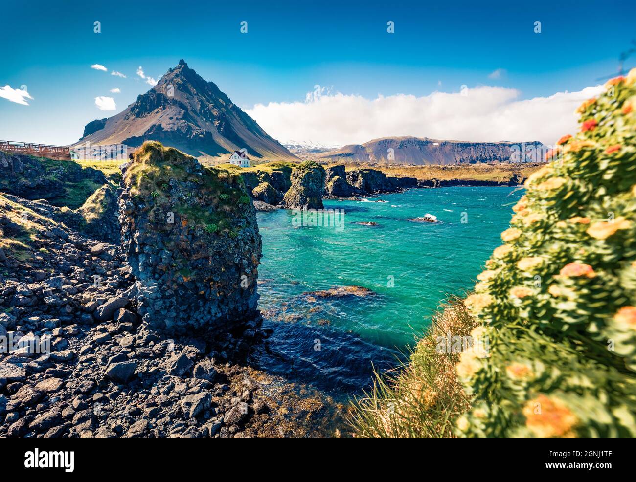 Marvelous summer view of small fishing village at the foot of Mt ...