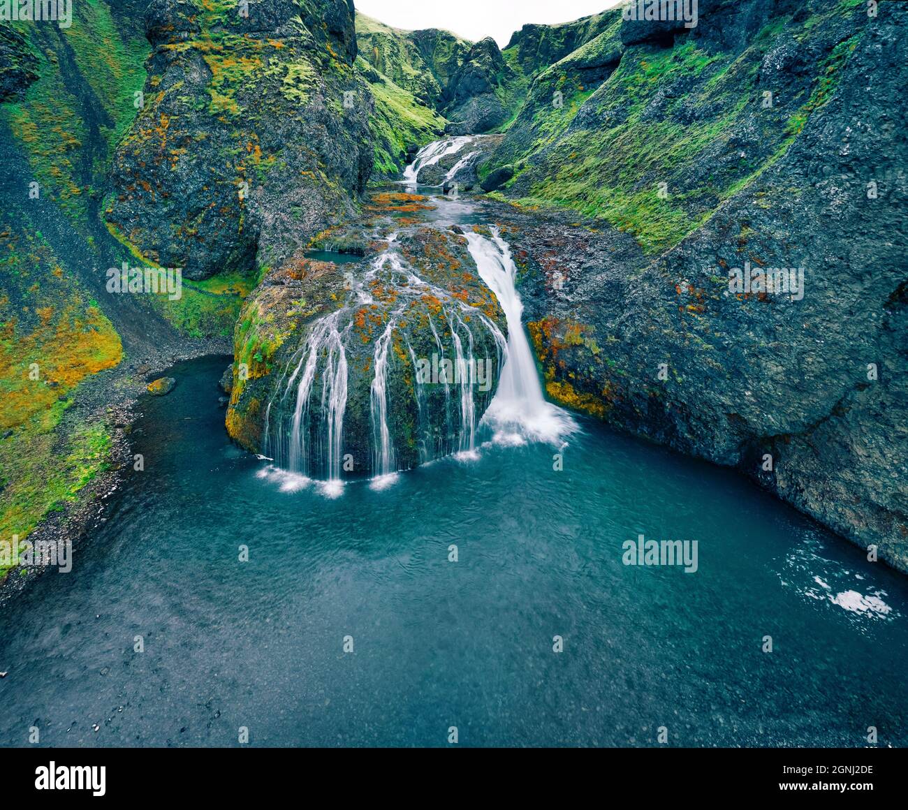 View from flying drone of Stjornarfoss waterfall. Impressive summer ...