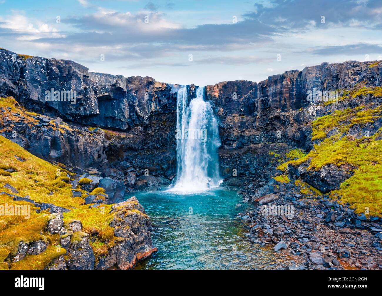 View from flying drone of Gufufoss (Gufu Waterfall). Astonishing ...