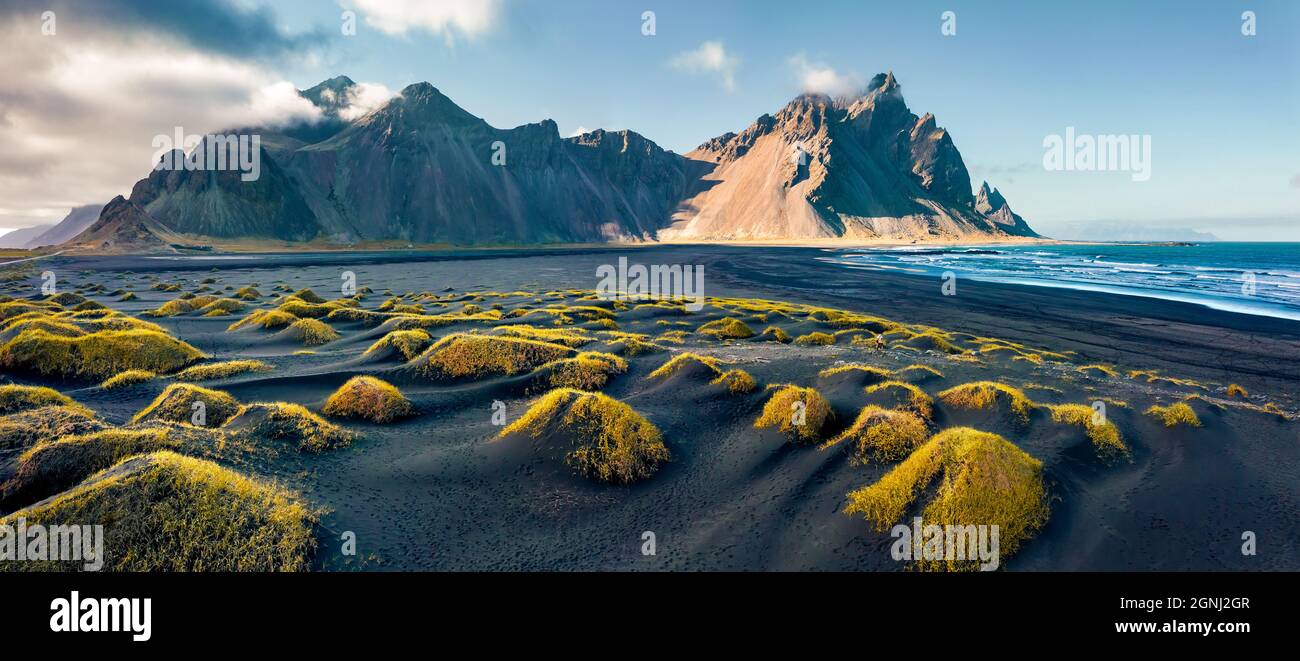 View from flying drone. Stunning autumn scene of Stokksnes cape with ...
