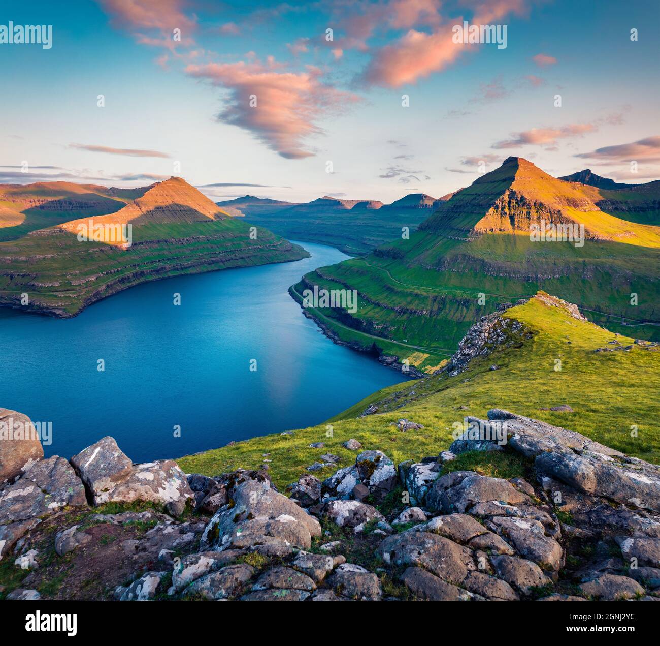 Attractive evening view of Faroese fjords in the outskirts of Funningur ...