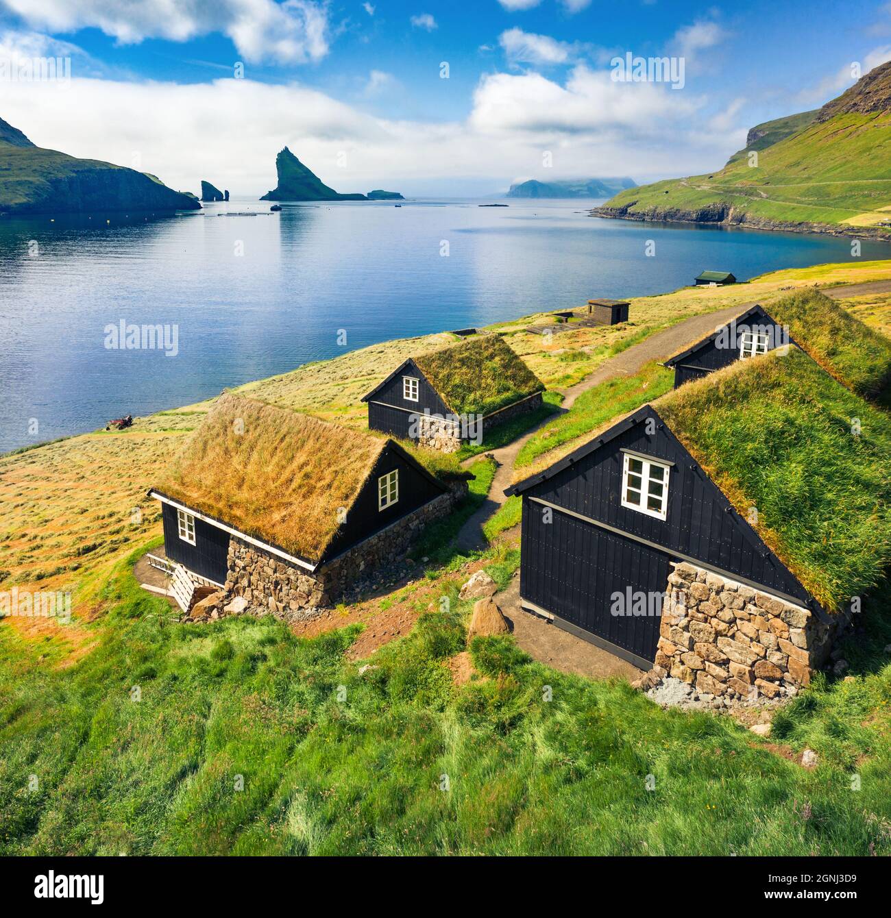 View from flying drone. Captivating summer scene of Bour village with ...