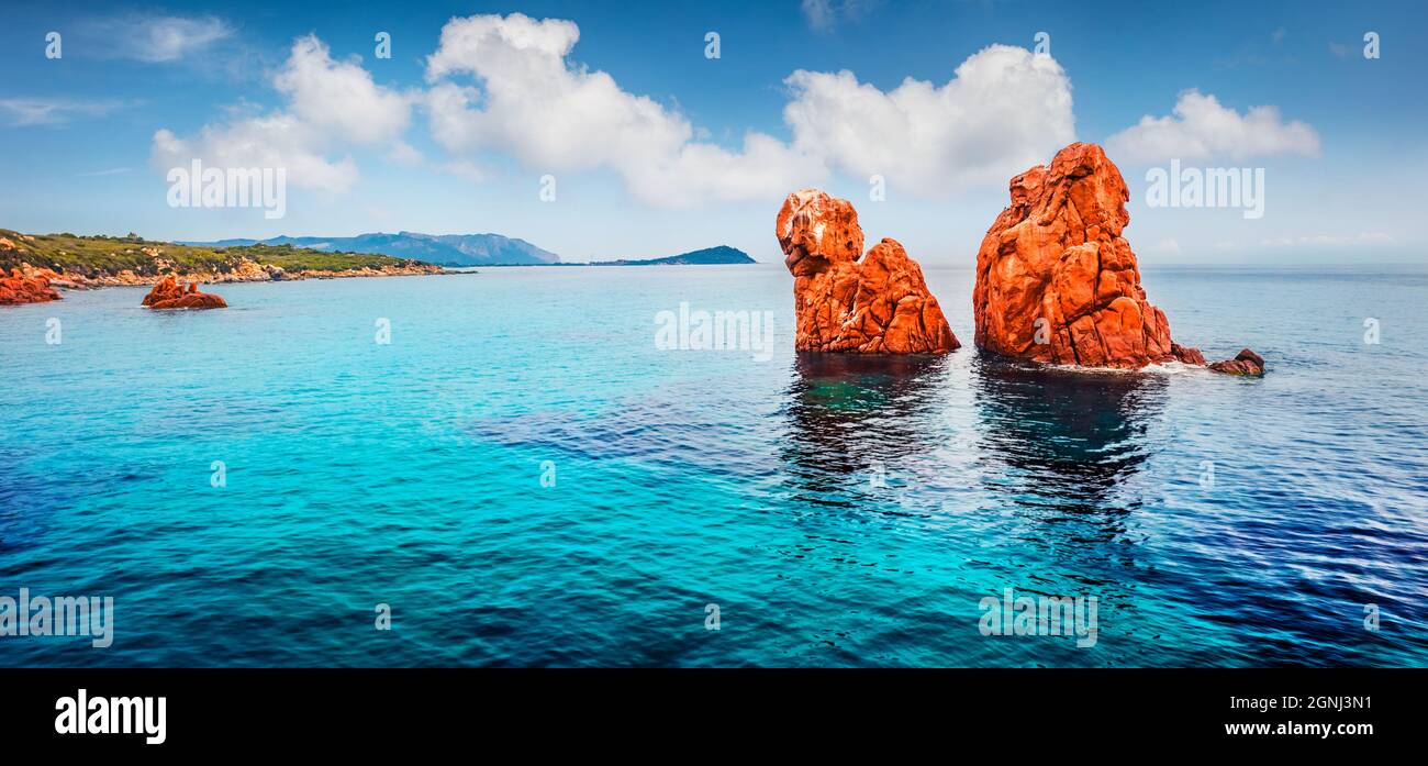 View from flying drone. Panoramic summer view of Red Rocks Gli Scogli ...