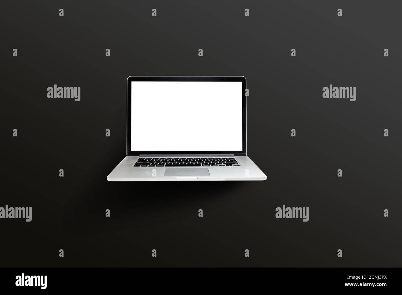 Front view of modern laptop with blank screen, aluminum body material ...