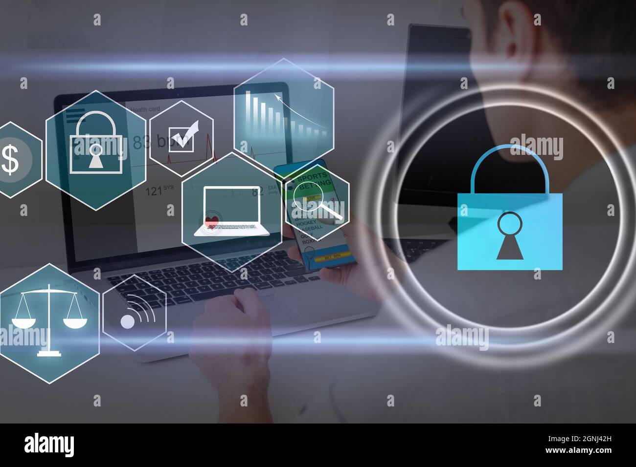 Digital cybersecurity and network protection concept. Virtual locking ...
