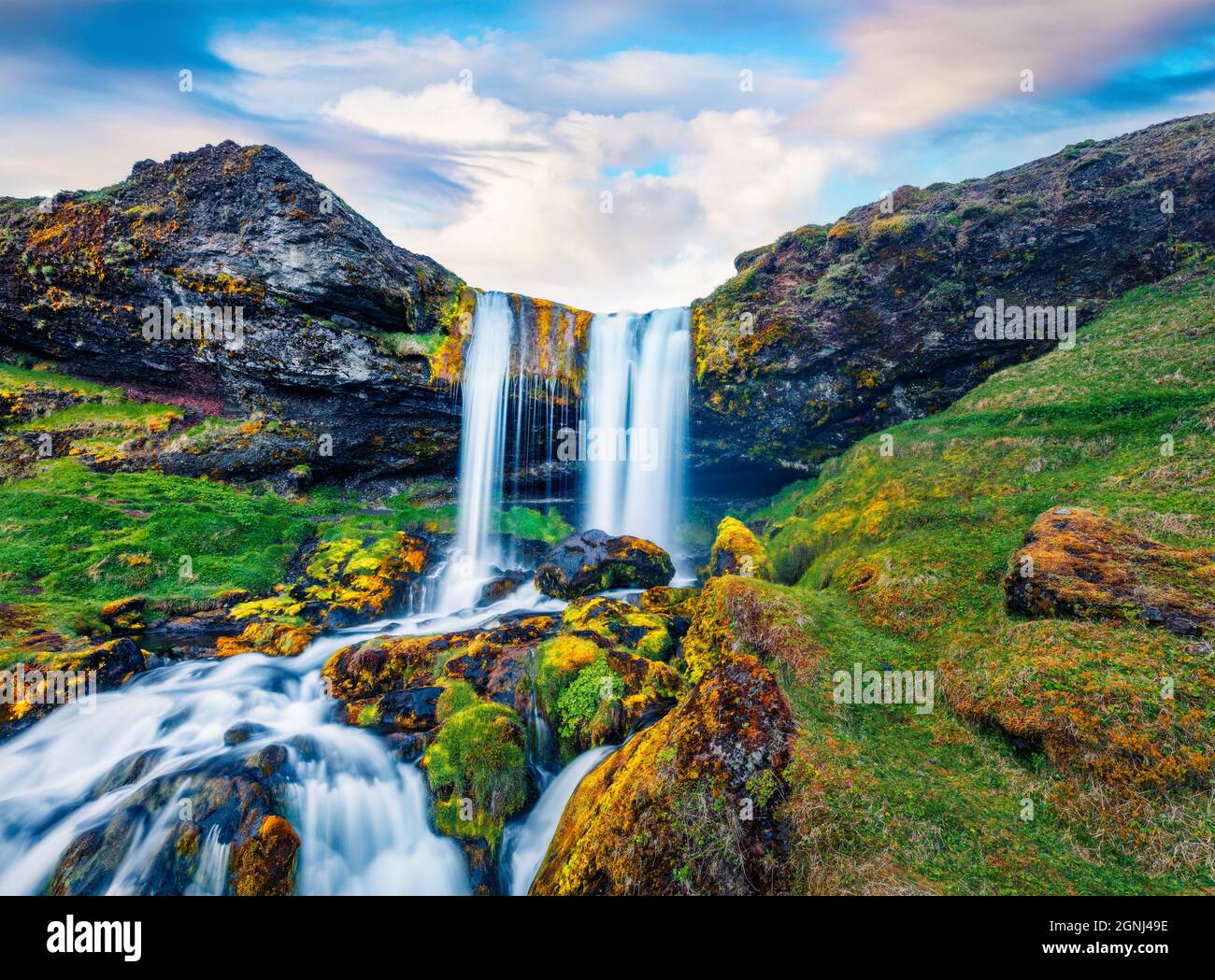 Fabulous falling water of Sheep's Waterfall. Picturesque summer morning ...