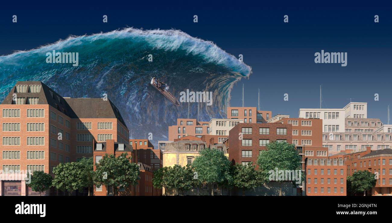 3D illustration tsunami wave apocalyptic water view urban flood Storm ...