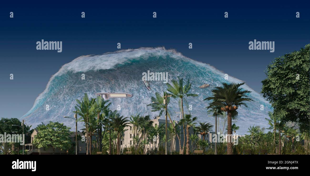 3D illustration tsunami wave apocalyptic water view urban flood Storm ...