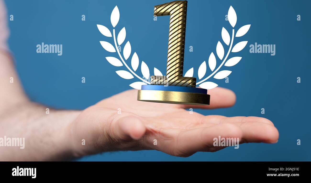 A 3d rendering of sign winner first place award in hand with blue ...