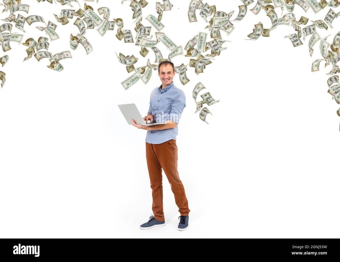 Photo of optimistic nice couple win money isolated on white color ...