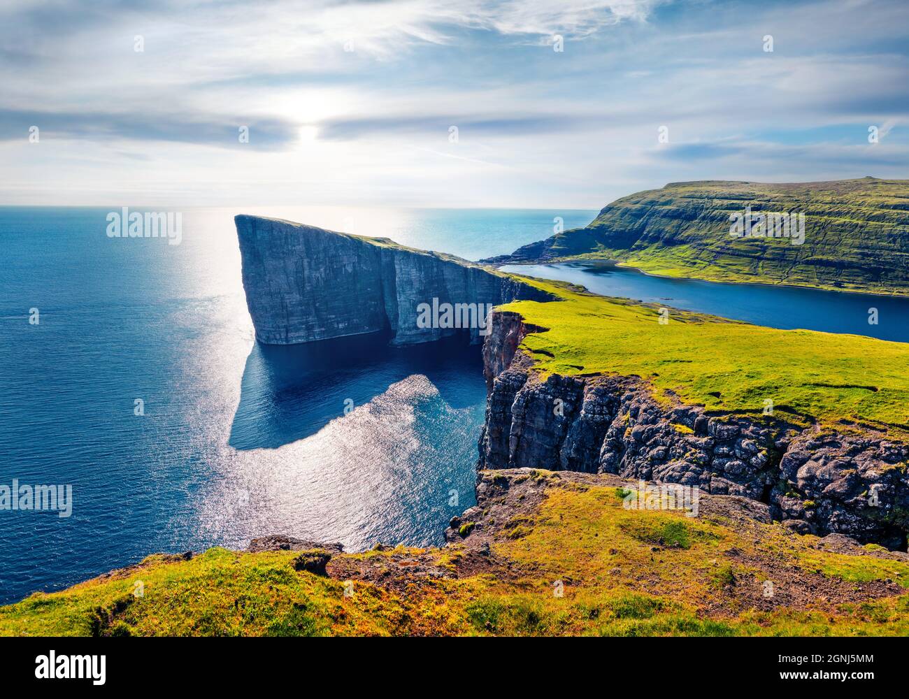 Aerial morning scene of Sorvagsvatn lake, Vagar, Faroe Islands, Denmark ...