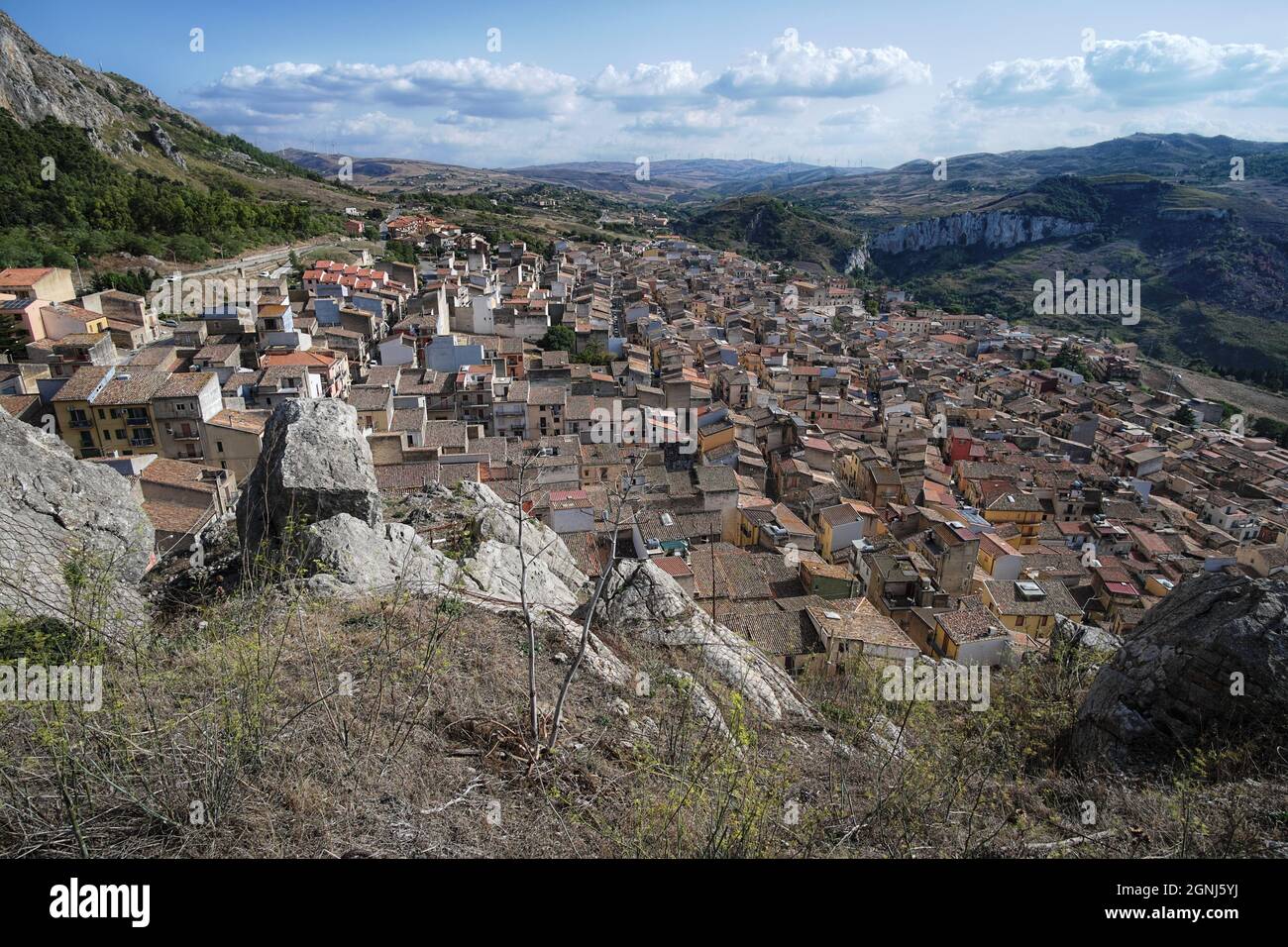 a mountain town in Sicily high view of roofs top of houses of ...
