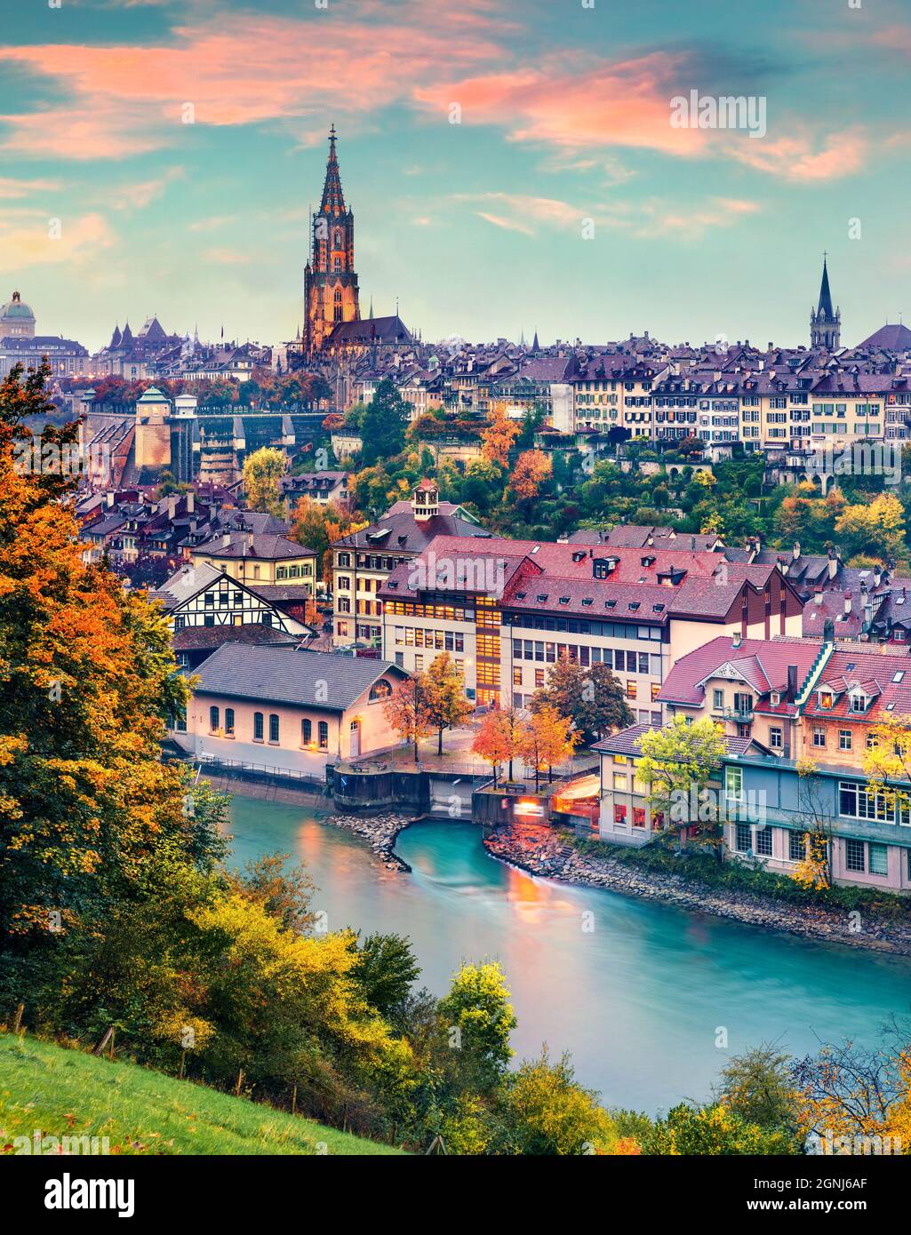 Great morning cityscape of Bern town with Cathedral of Bern on ...