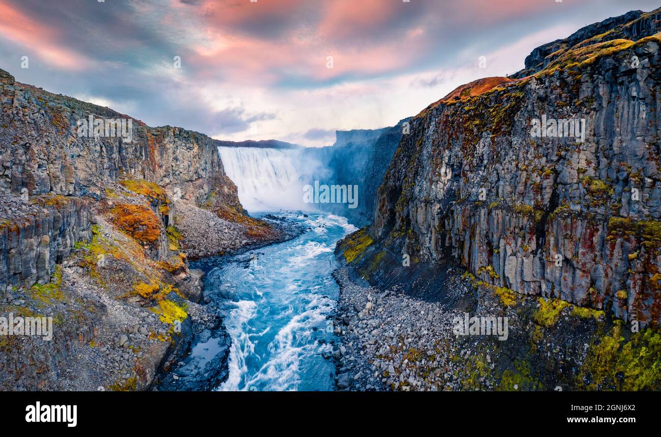 View from down of canyon of most powerful waterfall in Europe ...