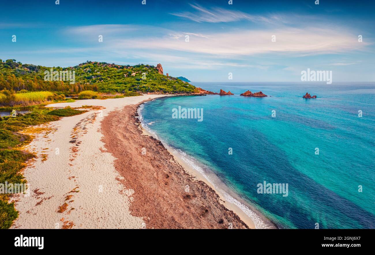 View from flying drone. Perfect summer view of di Cea beach with Red ...
