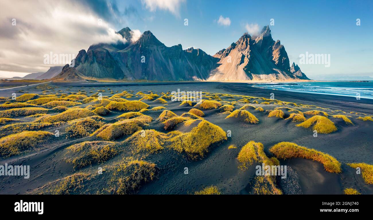 View from flying drone. Spectacular autumn scene of Stokksnes cape with ...