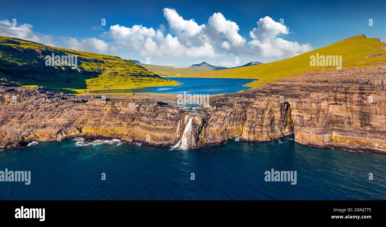 View from flying drone. Panoramic morning view of Bosdalafossur ...