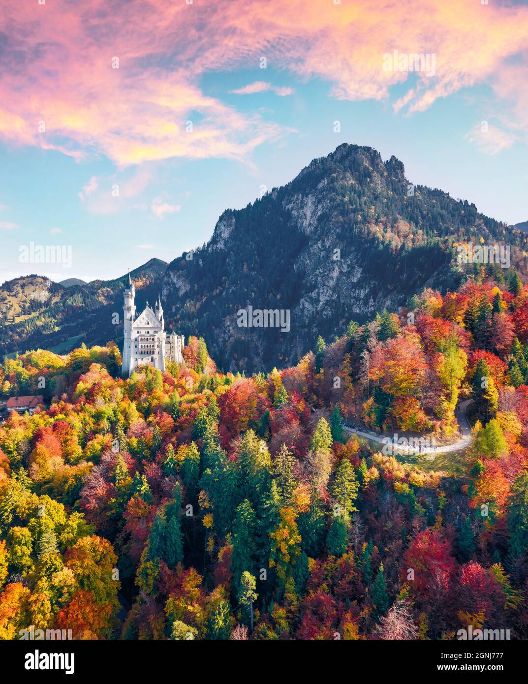 View from flying drone. Amazing autumn scene of Neuschwanstein Castle ...