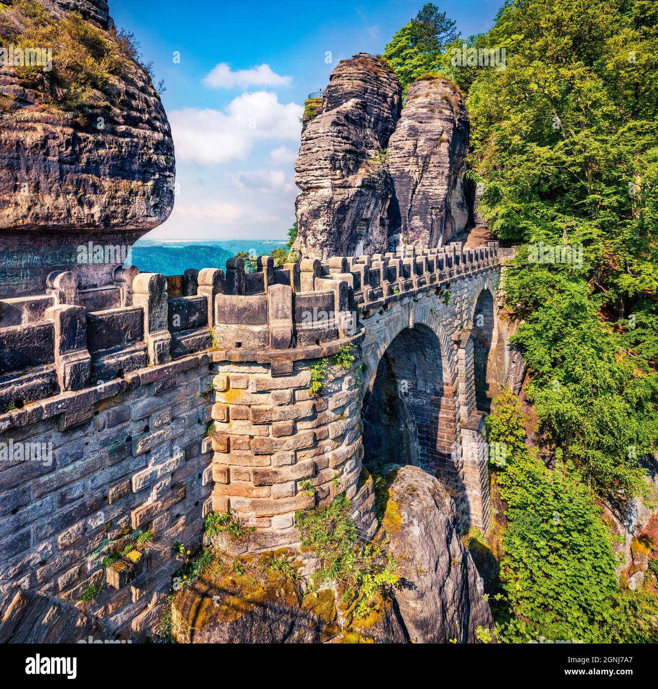 Sunny summer view of Bastei bridge. Bright morning scene of Saxon ...