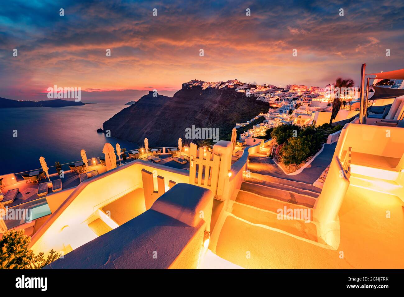 Unbelievable summer sunset on famous Greek resort Fira, Greece, Europe ...