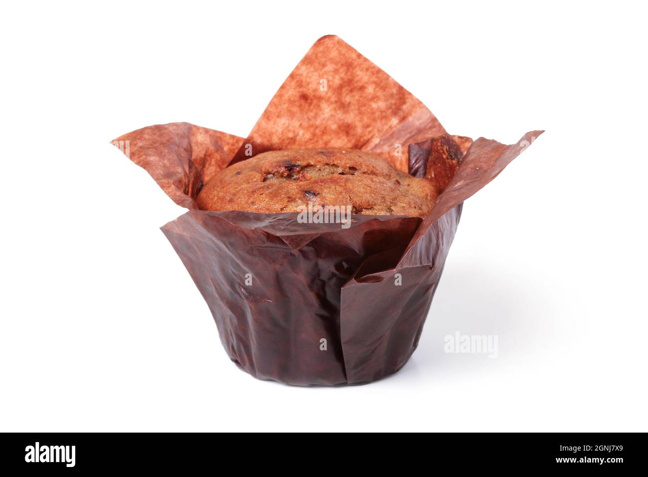 Chocolate muffin in brown parchment paper isolated on white background ...