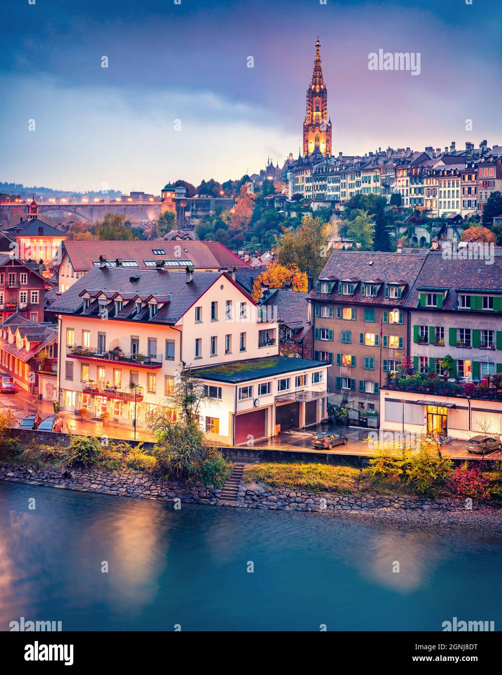 Exciting evening cityscape of Bern town with Cathedral of Bern on ...