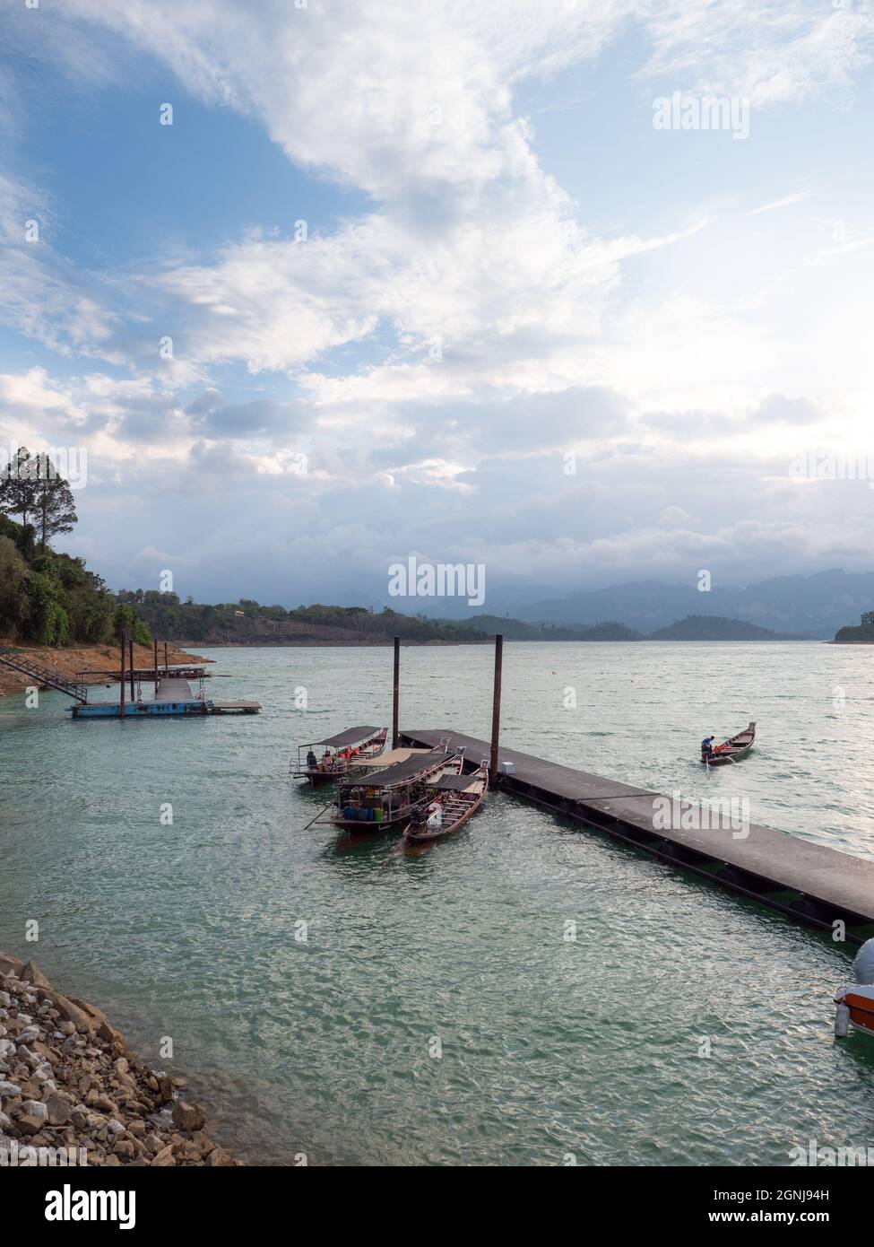 Scenic landscape of big river and reservoir dam with mountain and ...